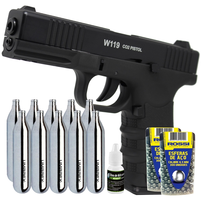 Pistola CO2 W119 4.5 Slide Metal Blow Back + 10 CO2 e 600 Esferas