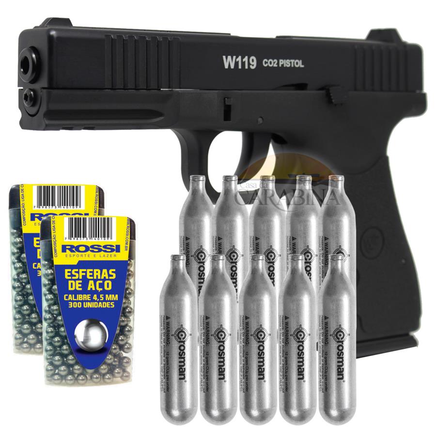 Pistola CO2 W119 4.5 Slide Metal Blow Back + 10 CO2 e 600 Esferas