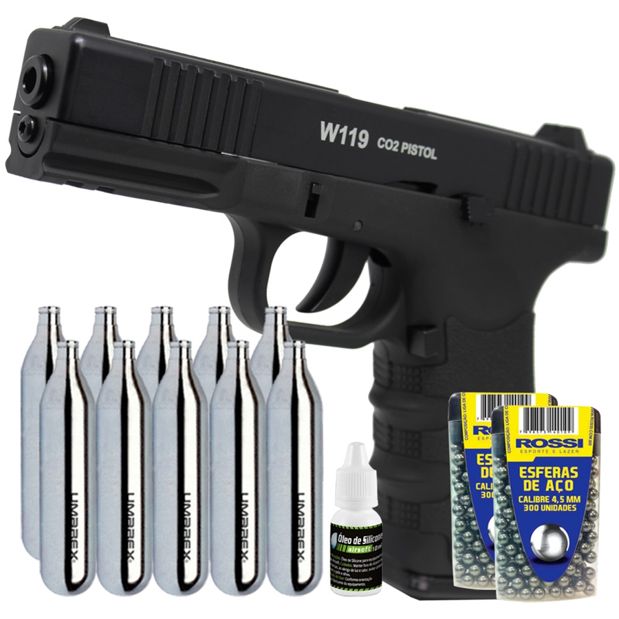 Pistola CO2 W119 4.5 Slide Metal Blow Back + 10 CO2 e 600 Esferas