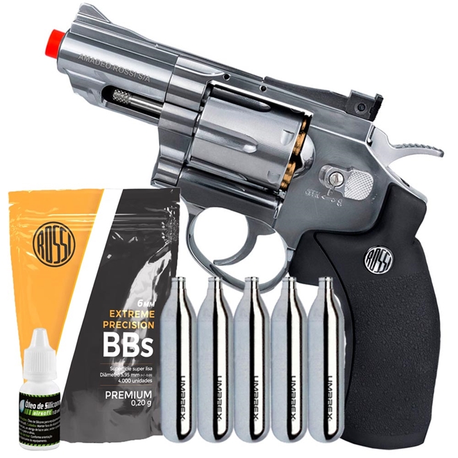 Revólver Airsoft CO2 Rossi 708S Niquelado 6mm + 4000bbs e 05 CO2