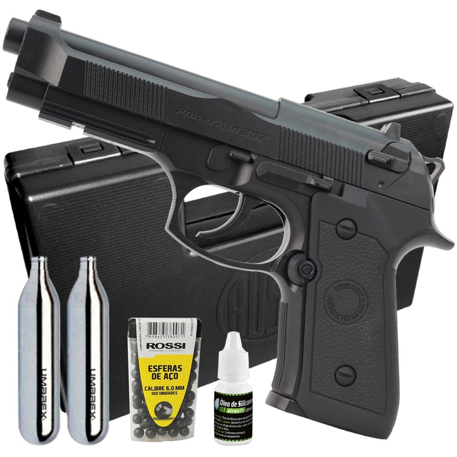 Pistola CO2 Beretta M9 6mm Wingun + 02 CO2 + 100 Esferas e Case