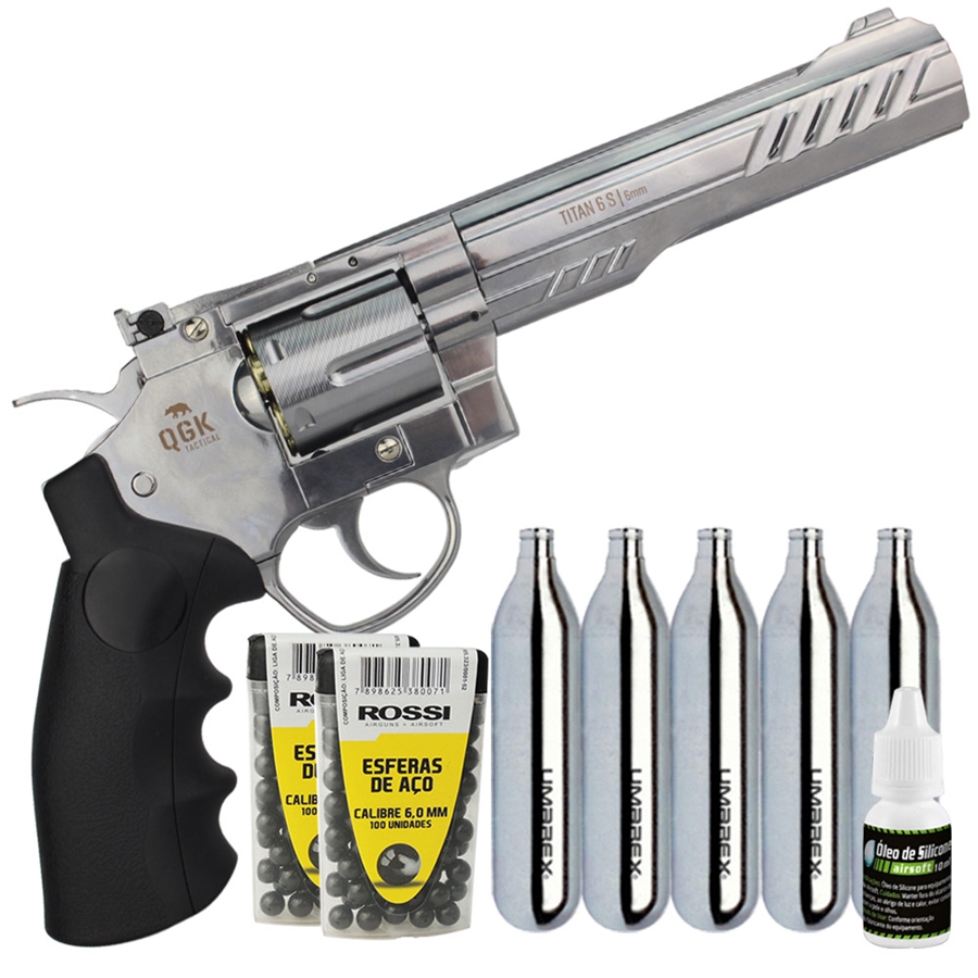 Revólver CO2 Titan 6" Full Metal Cromado 6mm + CO2 + Esferas