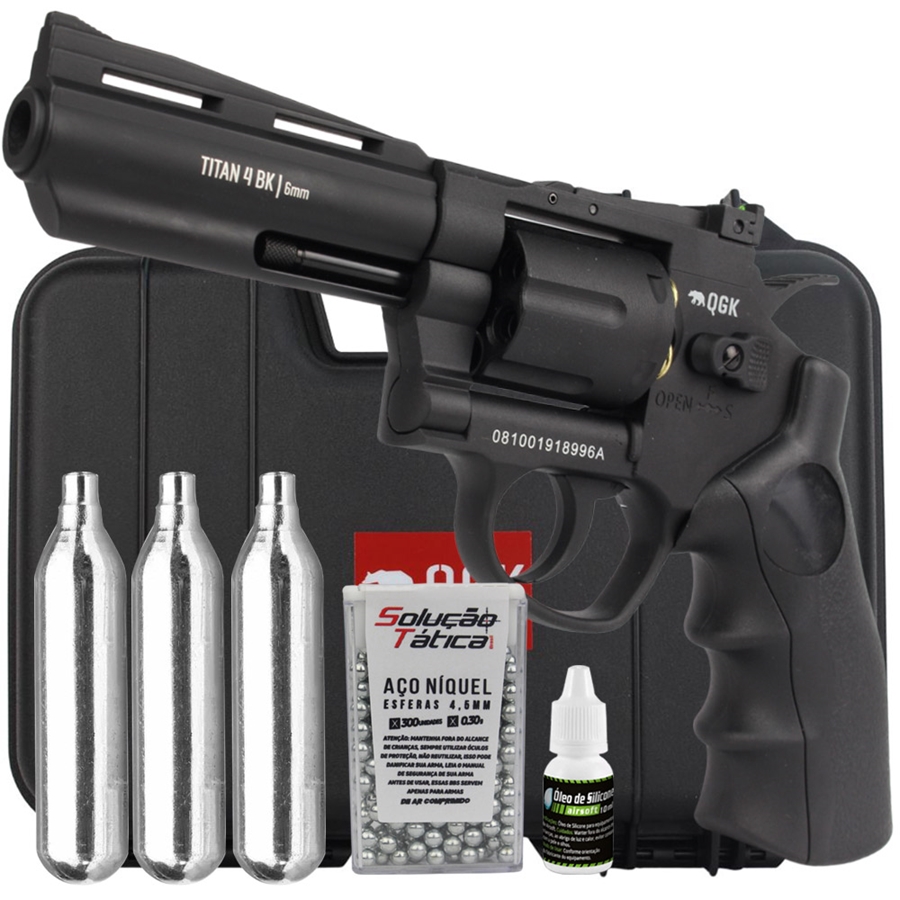 Revólver de CO2 Titan 4" Full Metal Preto 6mm + CO2 e Esferas